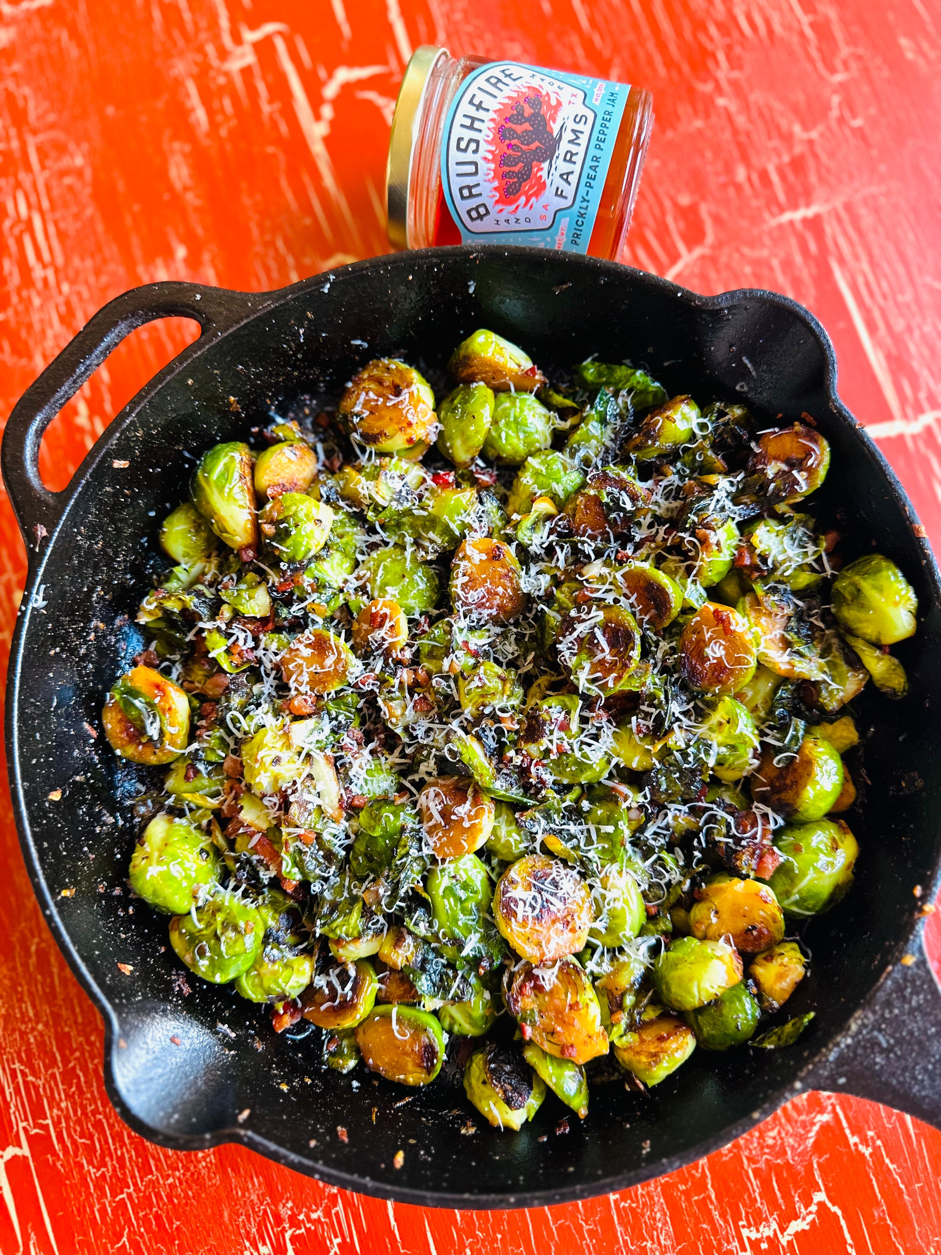 Prickly Pear Glazed Cast Iron Brussels Sprouts Recipe | Brushfire Farms